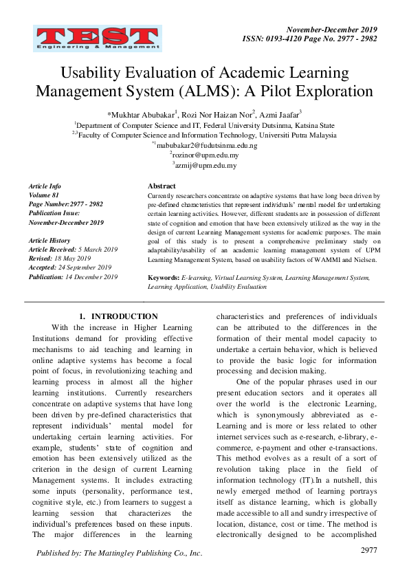 (PDF) Usability Evaluation of Academic Learning Management System (ALMS): A Pilot Exploration
