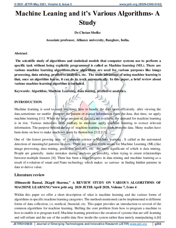 (PDF) Machine Leaning and it’s Various Algorithms- A Study