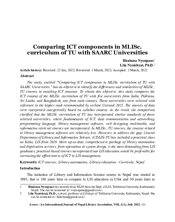 (PDF) Comparing ICT components in MLISc. curriculum of TU with SAARC ...