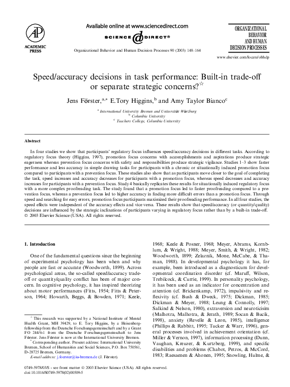 (PDF) Speed/accuracy decisions in task performance: Built-in trade-off ...
