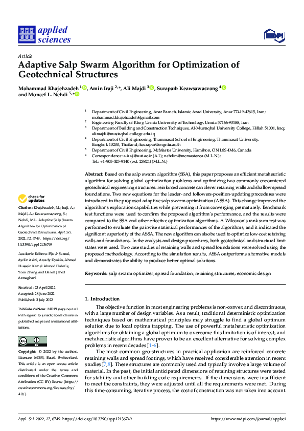 Pdf Adaptive Salp Swarm Algorithm For Optimization Of Geotechnical Structures Ali Majdi