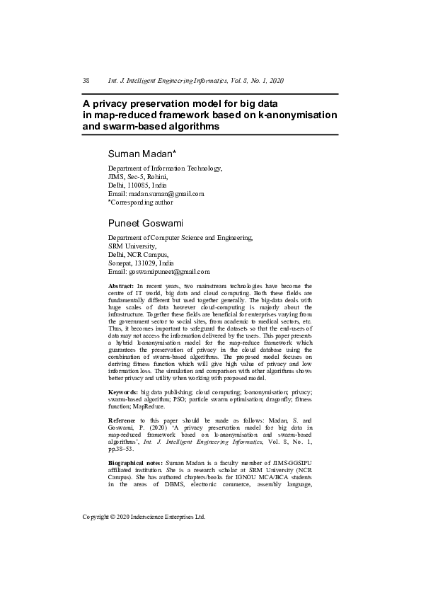 Pdf A Privacy Preservation Model For Big Data In Map Reduced Framework Based On K
