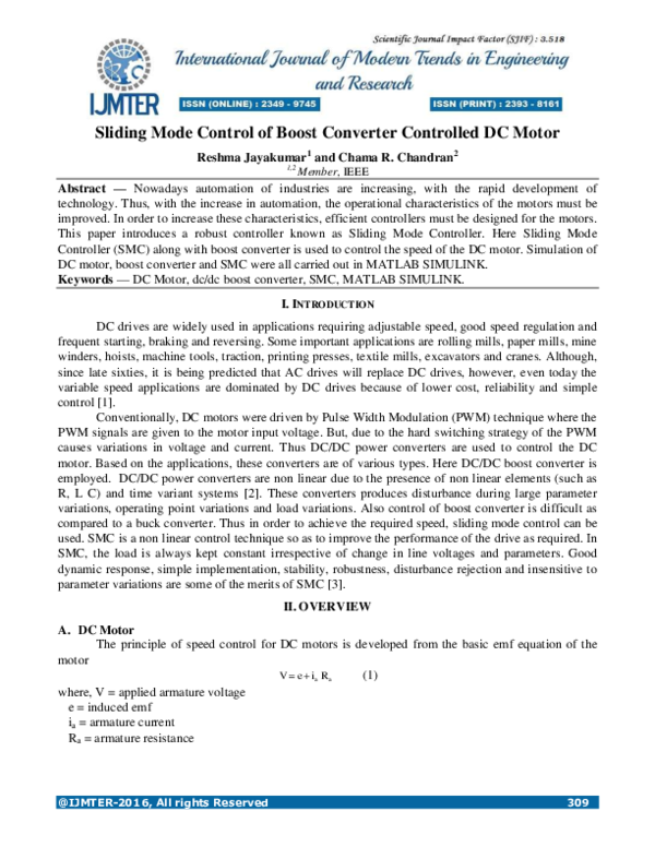 (PDF) Sliding Mode Control of Boost Converter Controlled DC Motor