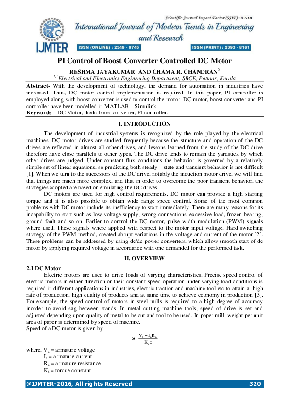 (PDF) PI Control of Boost Converter Controlled DC Motor