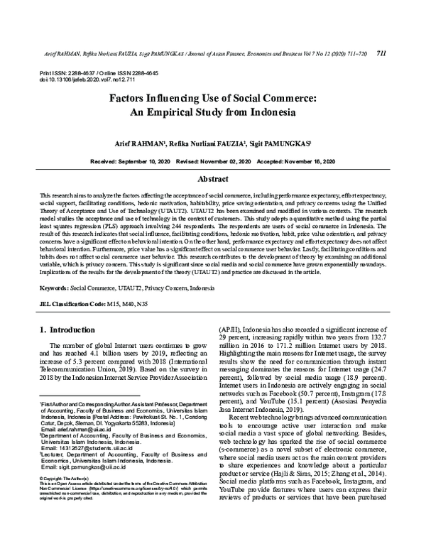 Factors Influencing Use of Social Commerce: An Empirical Study from ... Factors Influencing Use of Social Commerce: An Empirical Study from ...