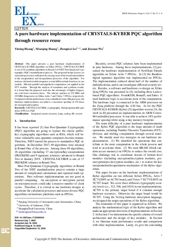 Pdf A Pure Hardware Implementation Of Crystals Kyber Pqc Algorithm Through Resource Reuse