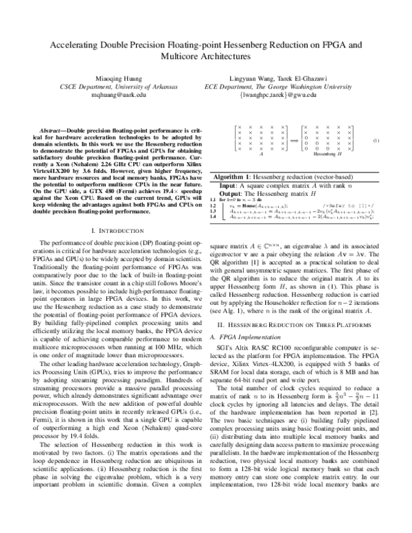 Pdf Accelerating Double Precision Floating Point Hessenberg Reduction On Fpga And Multicore