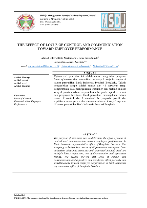 (PDF) The Effect of Locus of Control and Communication Toward Employee Performance