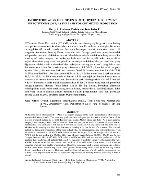 (PDF) Improve the Work Effectiveness with Overall Equipment Effectiveness (Oee) as the Basis for ...
