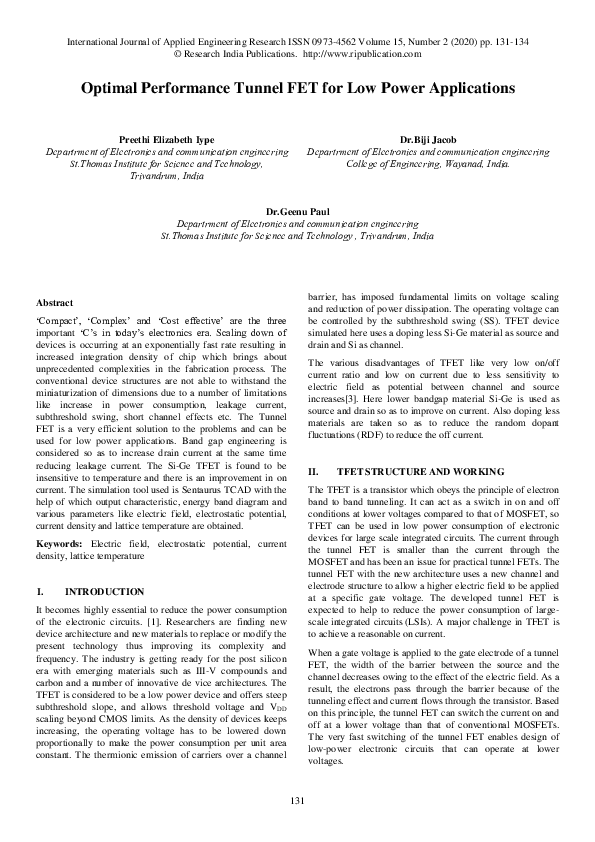 (PDF) Optimal Performance Tunnel FET for Low Power Applications