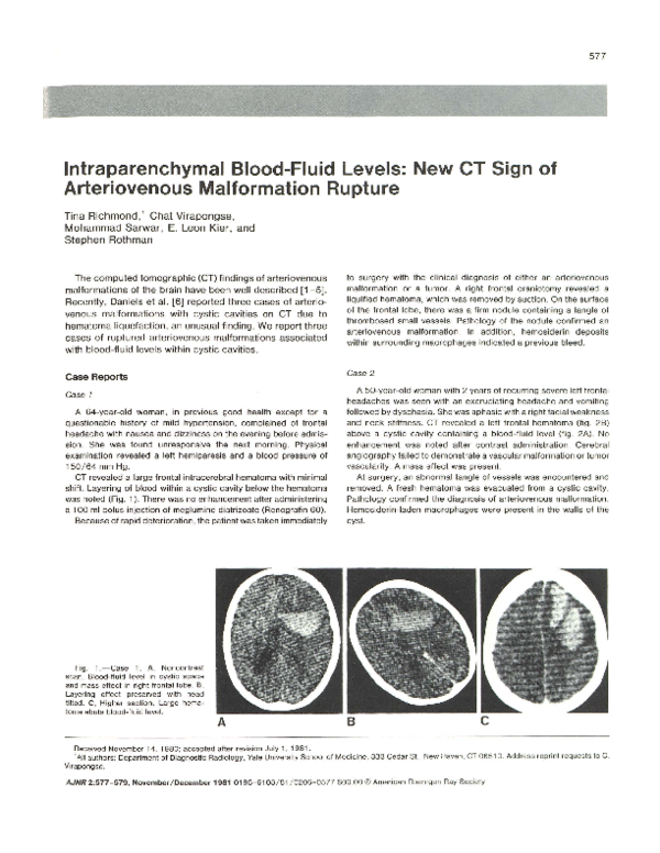 (PDF) Intraparenchymal blood-fluid levels: new CT sign of arteriovenous ...