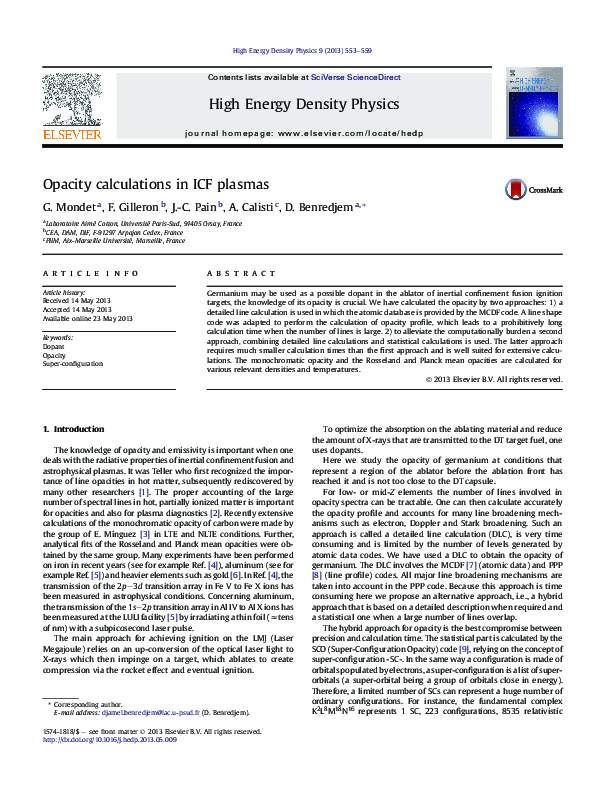 (PDF) Opacity calculations in ICF plasmas | Alessandro Calisti ...