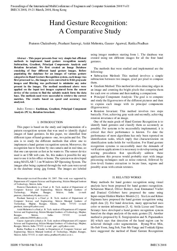 (PDF) Hand Gesture Recognition: A Comparative Study | ratika pradhan - Academia.edu