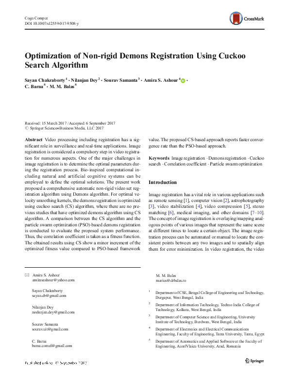 Pdf Optimization Of Non Rigid Demons Registration Using Cuckoo Search Algorithm