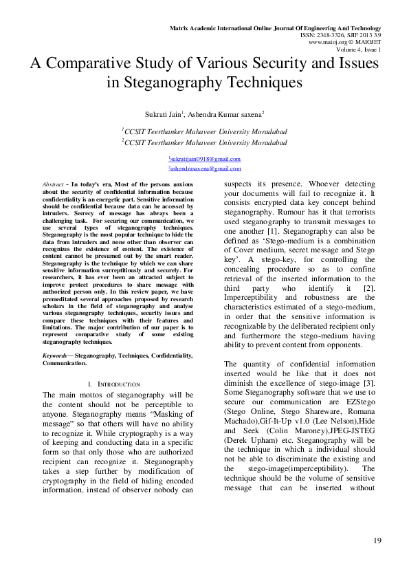 (PDF) A Comparative Study of Various Security and Issues in Steganography Techniques