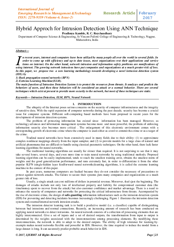 Pdf Hybrid Approch For Intrusion Detection Using Ann Technique