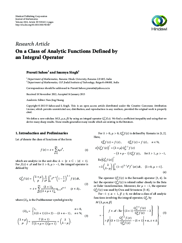 (PDF) On a Class of Analytic Functions Defined by an Integral Operator