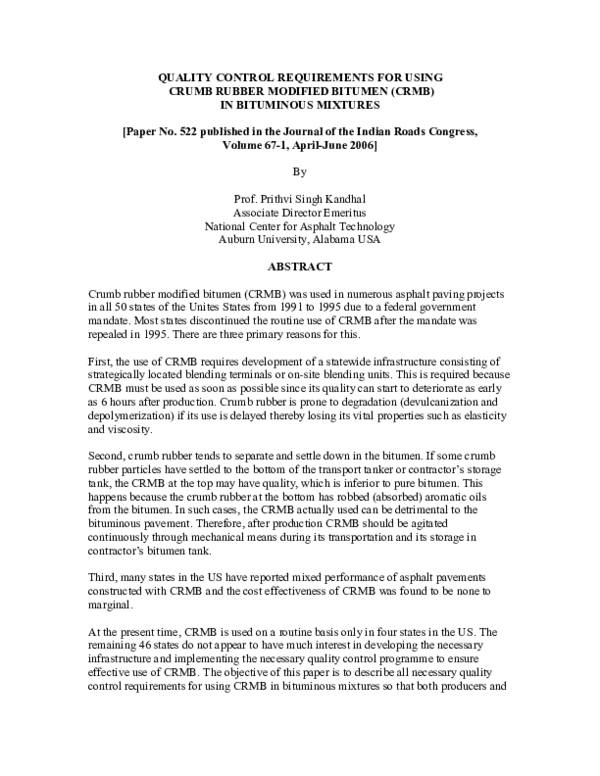 (PDF) Quality Control Requirements for Using Crumb Rubber Modified ...