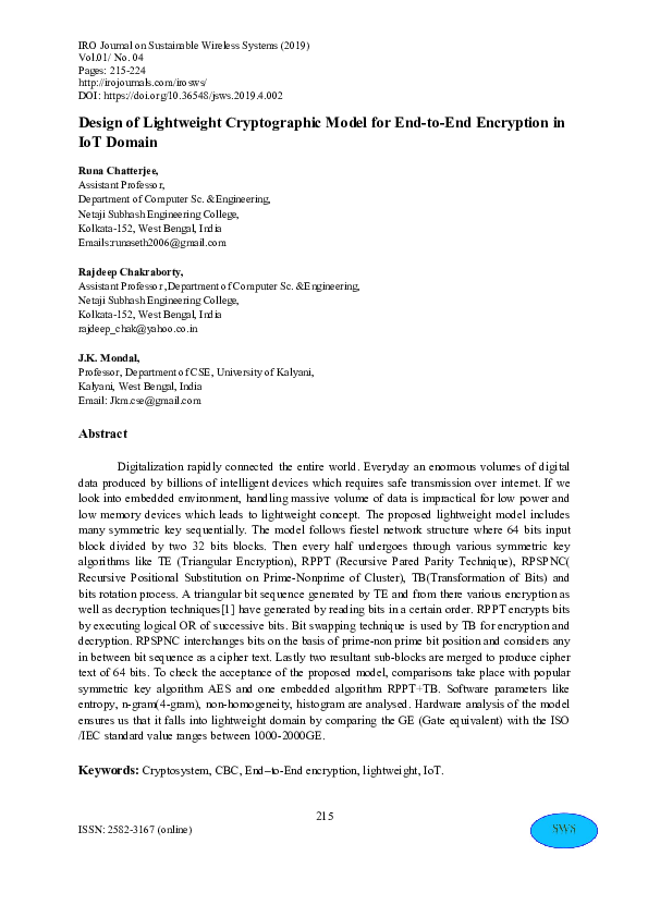 (PDF) Design of Lightweight Cryptographic Model for End-To-End ... (PDF) Design of Lightweight Cryptographic Model for End-To-End ...