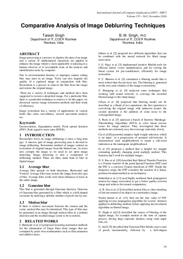 (PDF) Comparative Analysis of Image Deblurring Techniques