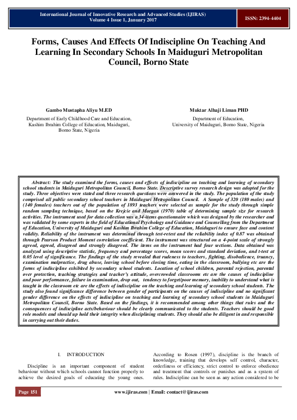 (PDF) Forms , Causes And Effects Of Indiscipline On Teaching And ...