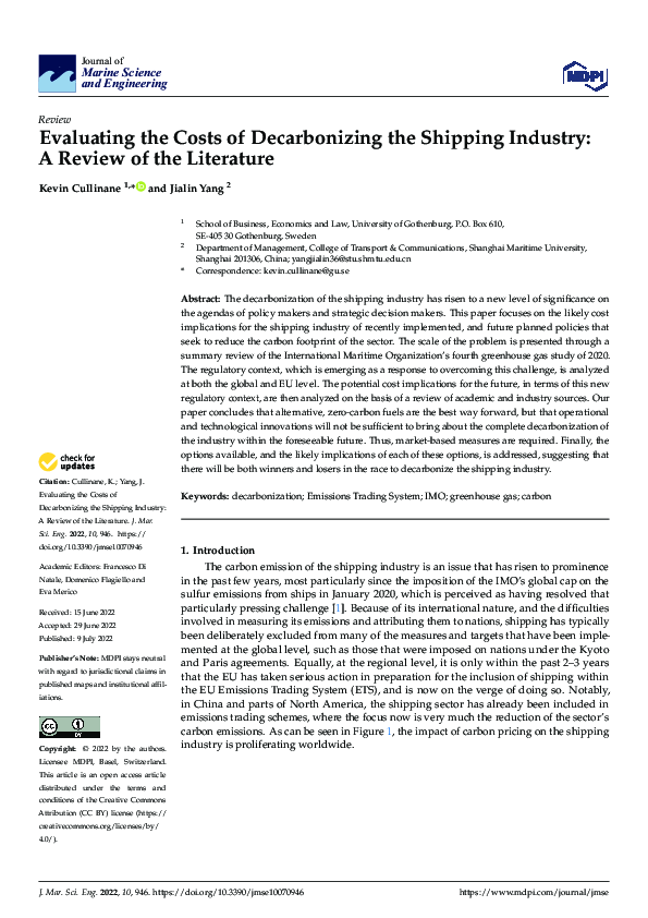 (PDF) Evaluating the Costs of Decarbonizing the Shipping Industry: A ...