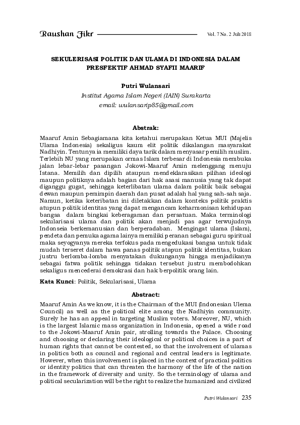 (PDF) Sekulerisasi Politik Dan Ulama DI Indonesia Dalam Presfektif ...