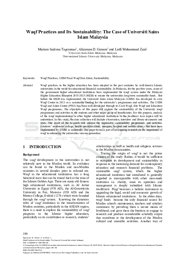 (PDF) Waqf Practices and Its Sustainability: The Case of Universiti Sains Islam Malaysia