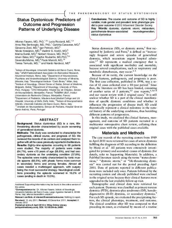 (PDF) Status dystonicus: Predictors of outcome and progression patterns of underlying disease ...