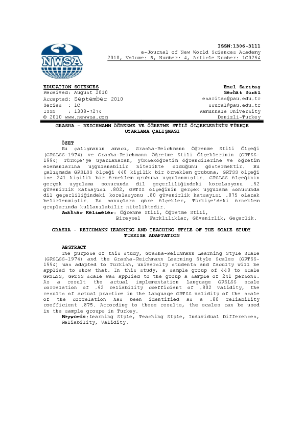 (PDF) Grasha - Reichmann Learning and Teaching Style of the Scale Study ...