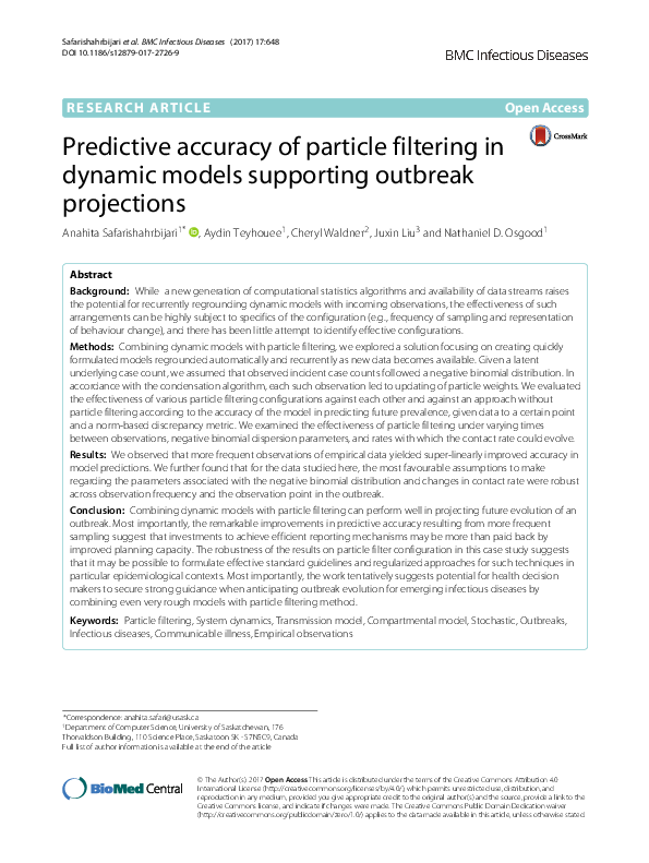 Pdf Predictive Accuracy Of Particle Filtering In Dynamic Models Supporting Outbreak Projections