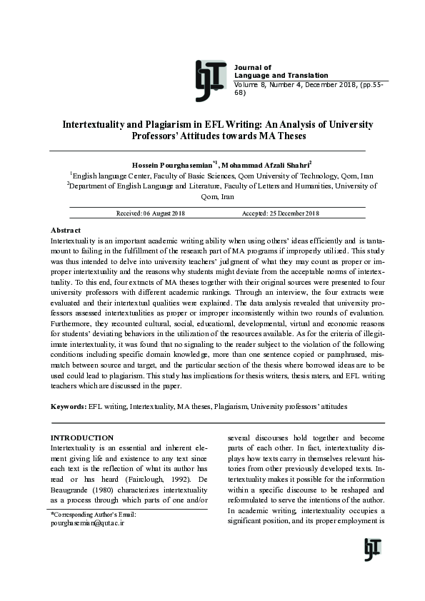 Pdf Intertextuality And Plagiarism In Efl Writing An Analysis Of University Professors