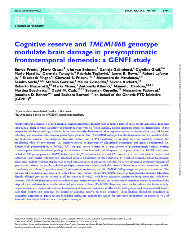 (PDF) Cognitive reserve and TMEM106B genotype modulate brain damage in ...