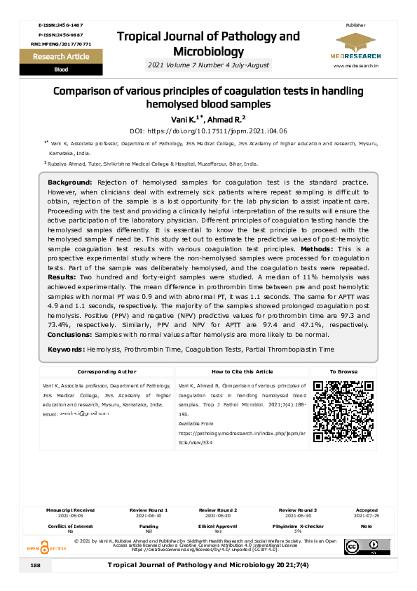 (PDF) Comparison of various principles of coagulation tests in handling ...