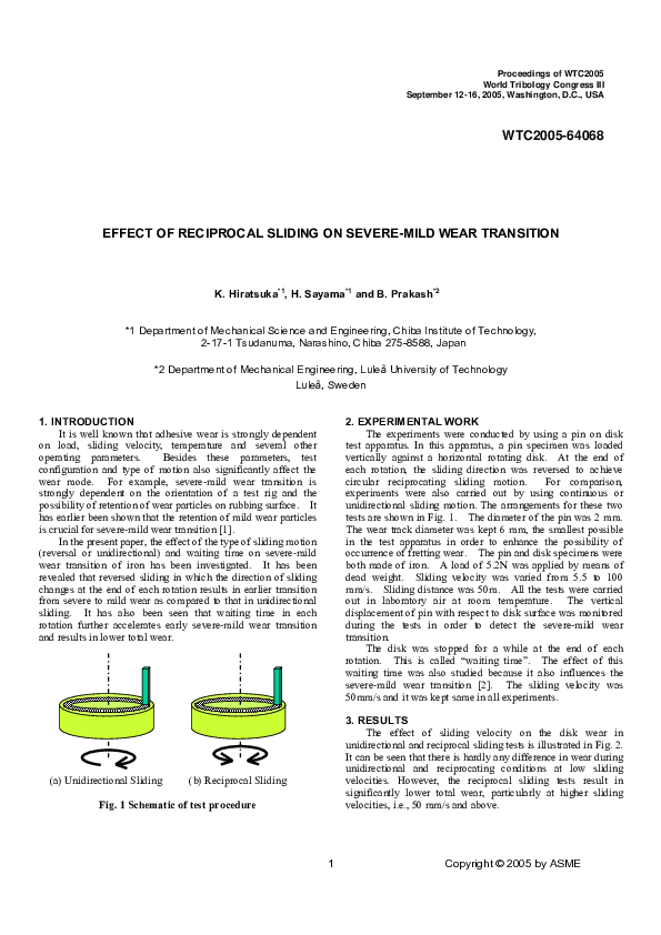 (PDF) Effect of Reciprocal Sliding on Severe-Mild Wear Transition ...