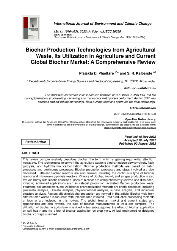 (PDF) Biochar Production Technologies from Agricultural Waste, Its ...