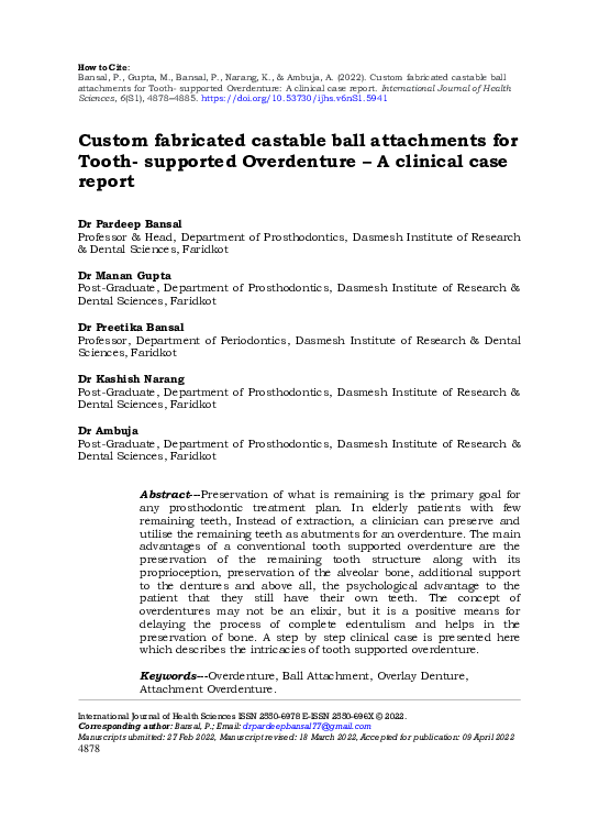 (PDF) Custom fabricated castable ball attachments for Tooth- supported ...