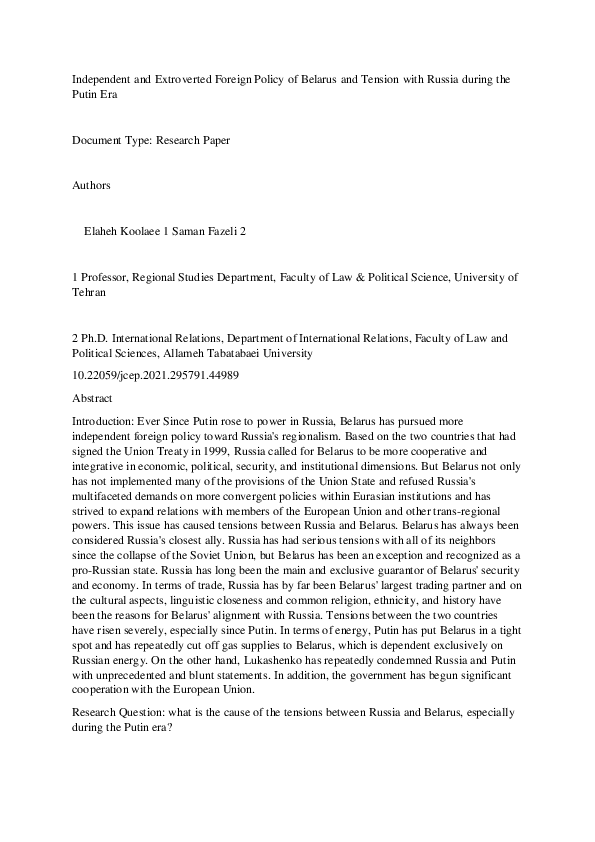 (PDF) Independent and Extroverted Foreign Policy of Belarus and Tension ...