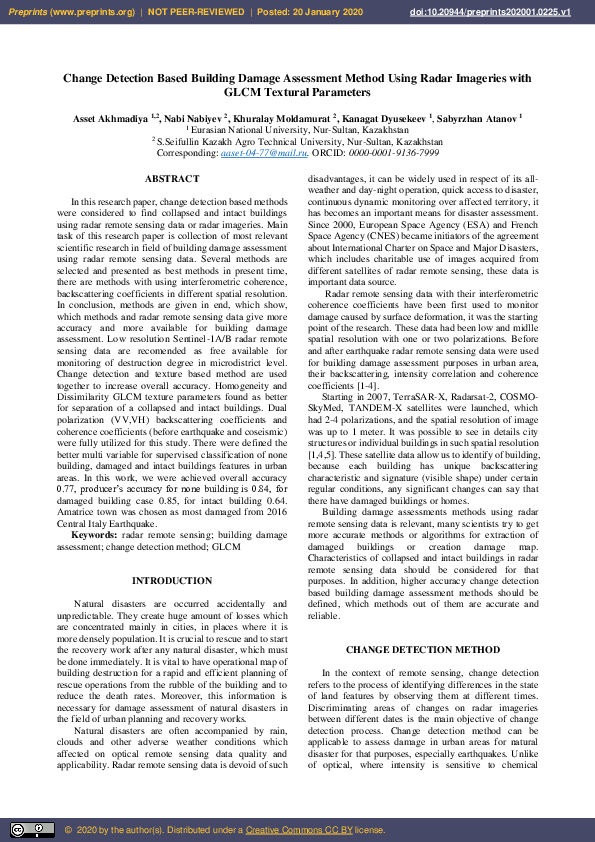 (PDF) Change Detection Based Building Damage Assessment Method Using Radar Imageries with GLCM ...
