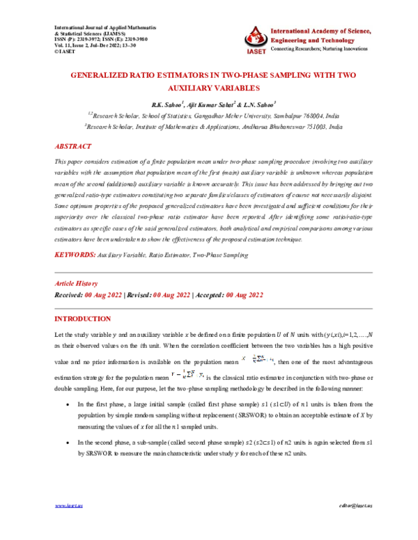 Pdf Generalized Ratio Estimators In Two Phase Sampling With Two