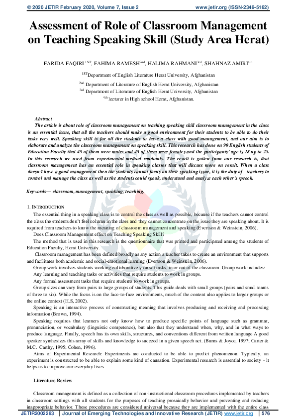 PDF Assessment Of Role Of Classroom Management On Teaching Speaking Skill Study Area Herat pdf-assessment-of-role-of-classroom-management-on-teaching-speaking-skill-study-area-herat