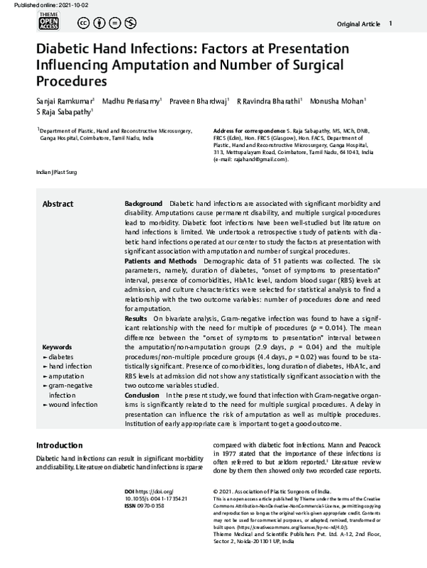 (PDF) Diabetic Hand Infections: Factors at Presentation Influencing ...