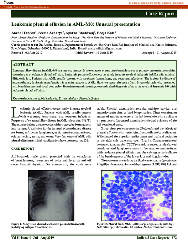 (PDF) Leukemic Pleural Effusion in AML-M0: Unusual Presentation | Pooja ...