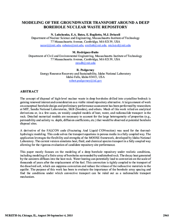 (PDF) Modeling of the Groundwater Transport Around a Deep Borehole ...