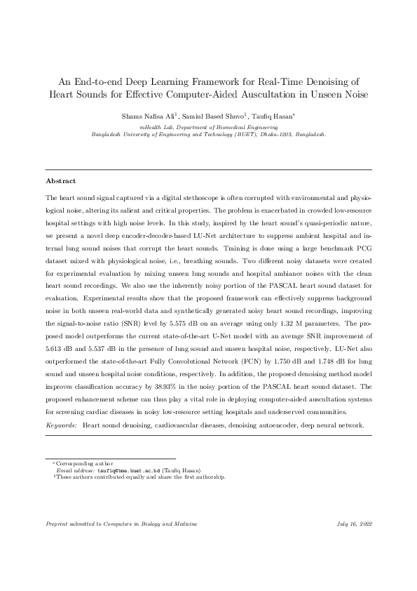 (PDF) An End-to-end Deep Learning Framework for Real-Time Denoising of Heart Sounds for ...