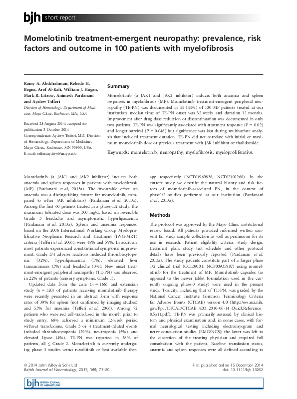 (PDF) Momelotinib treatment-emergent neuropathy: prevalence, risk ...