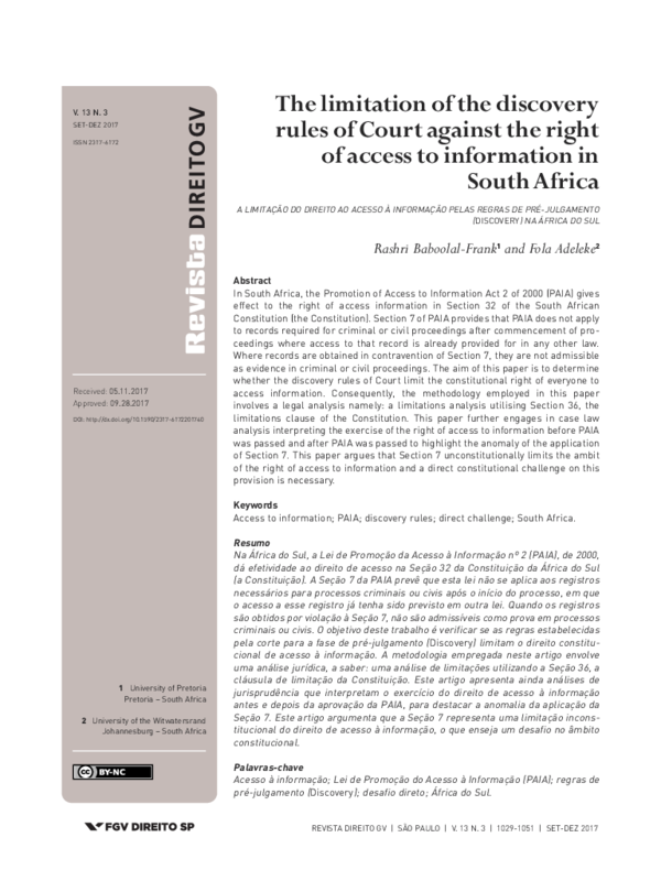 (PDF) The limitation of the discovery rules of Court against the right of access to information ...