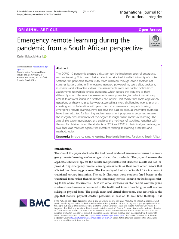 (PDF) Emergency remote learning during the pandemic from a South African perspective