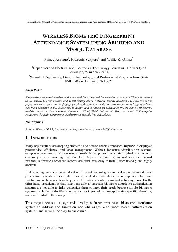 Pdf Wireless Biometric Fingerprint Attendance System Using Arduino And Mysql Database