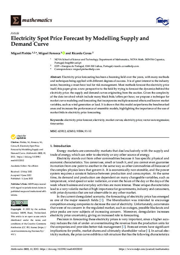 (PDF) Electricity Spot Price Forecast by Modelling Supply and Demand Curve